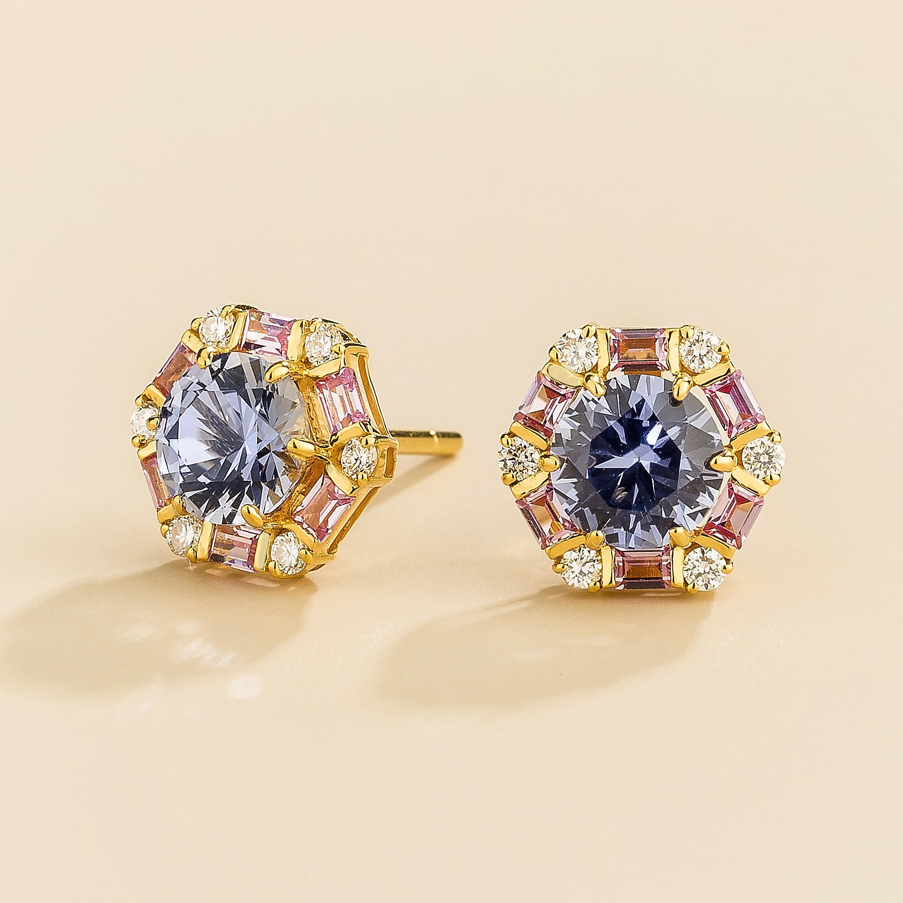 Melba Pastel Blue Sapphire, Pink Sapphire & Diamond Halo Hexagon Stud
