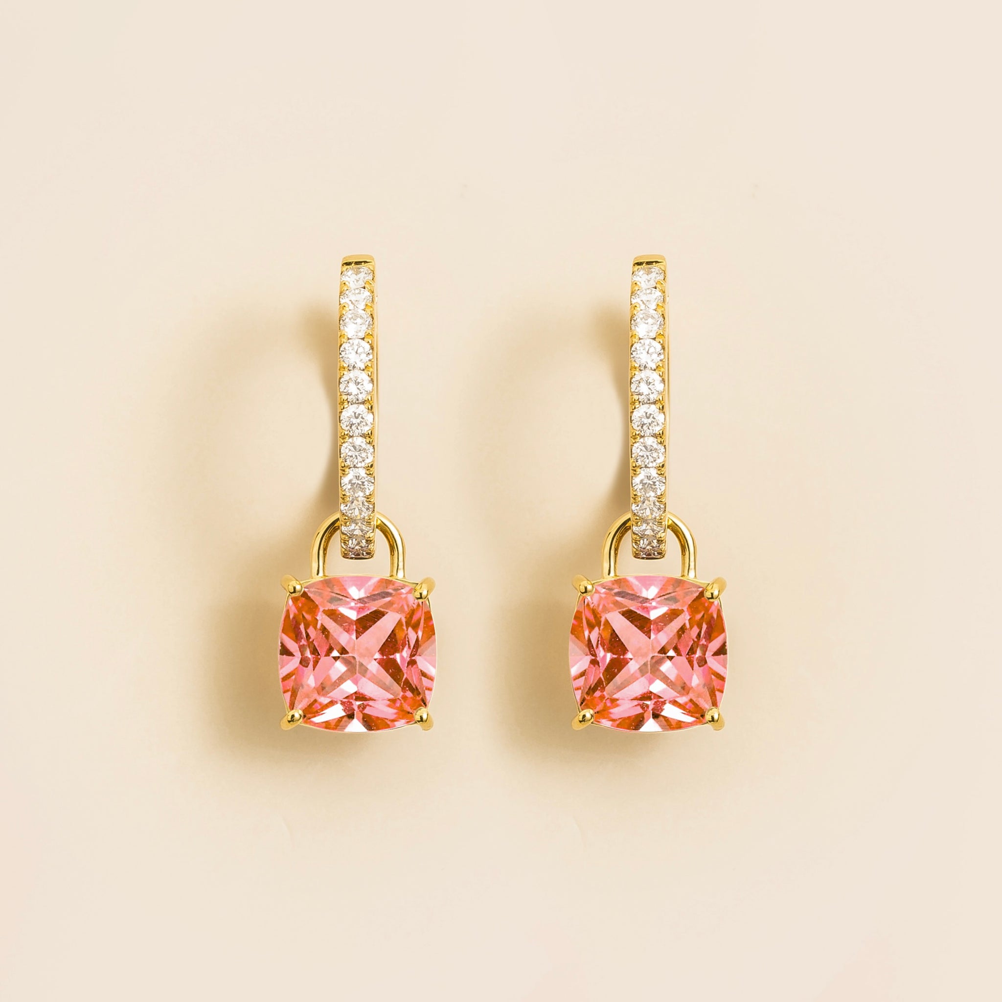 Oreol Padparadscha Sapphire Cushion Cut & Diamond Hoop Drop Earrings i