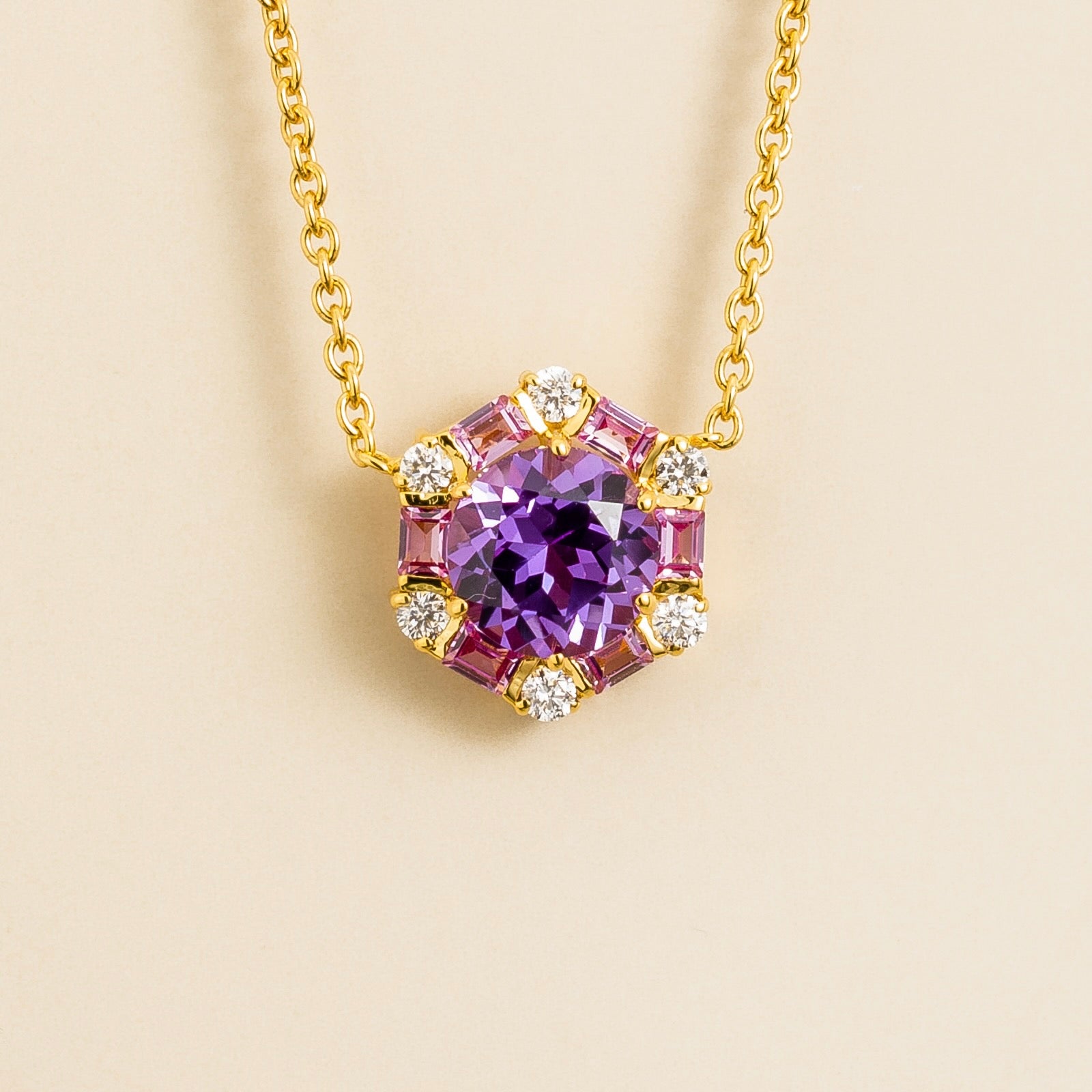 Melba Purple Sapphire, Pink Sapphire & Diamond Halo Hexagon Pendant Ne