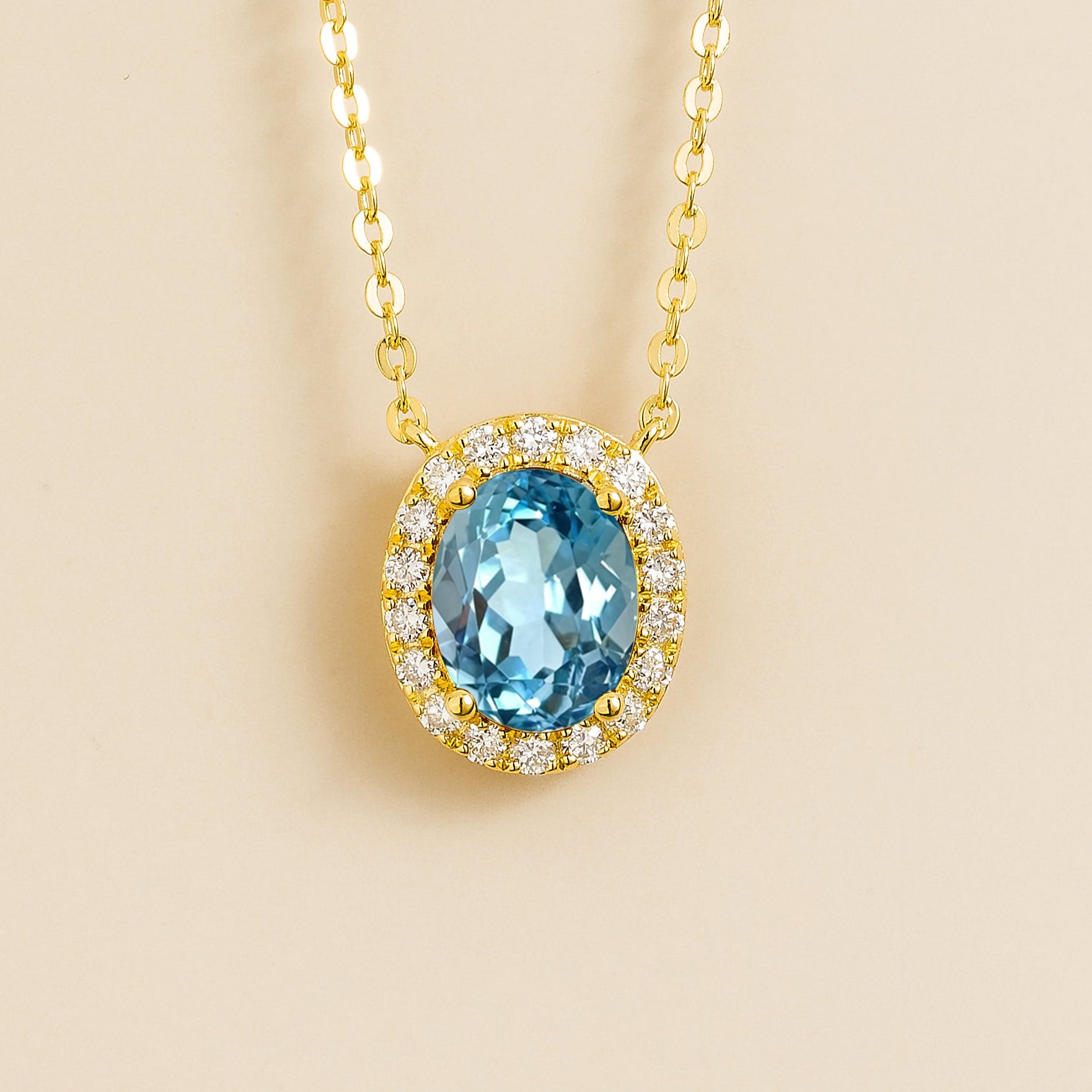 Mina Oval Aquamarine & Diamond Halo Necklace In Gold