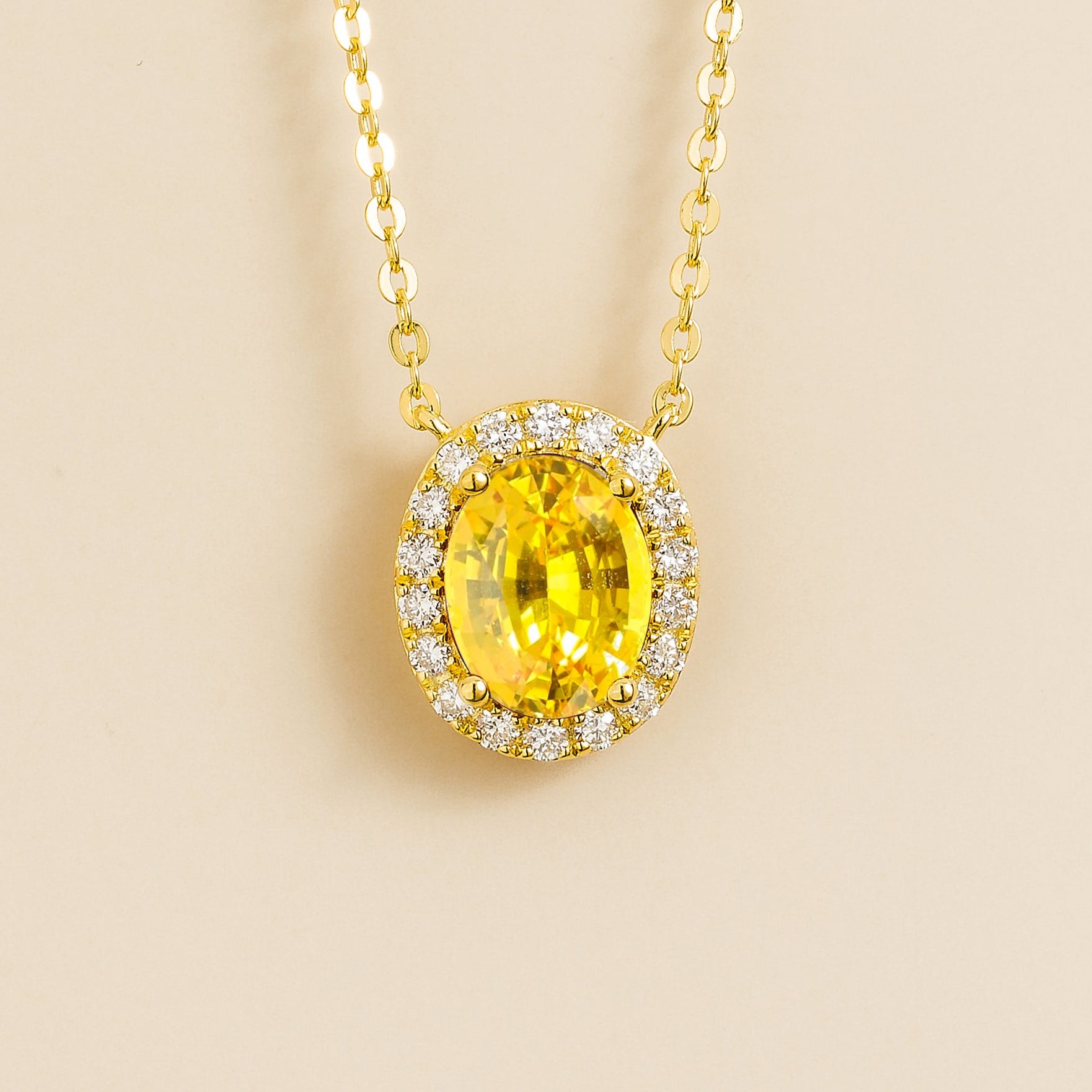 Mina Oval Yellow Sapphire & Diamond Halo Necklace In Gold