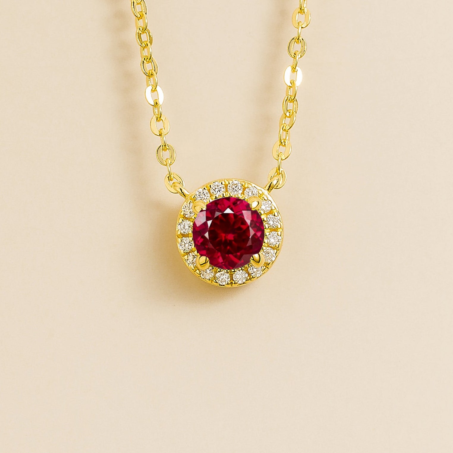 Mars Ruby Round & Diamond Halo Necklace In Gold