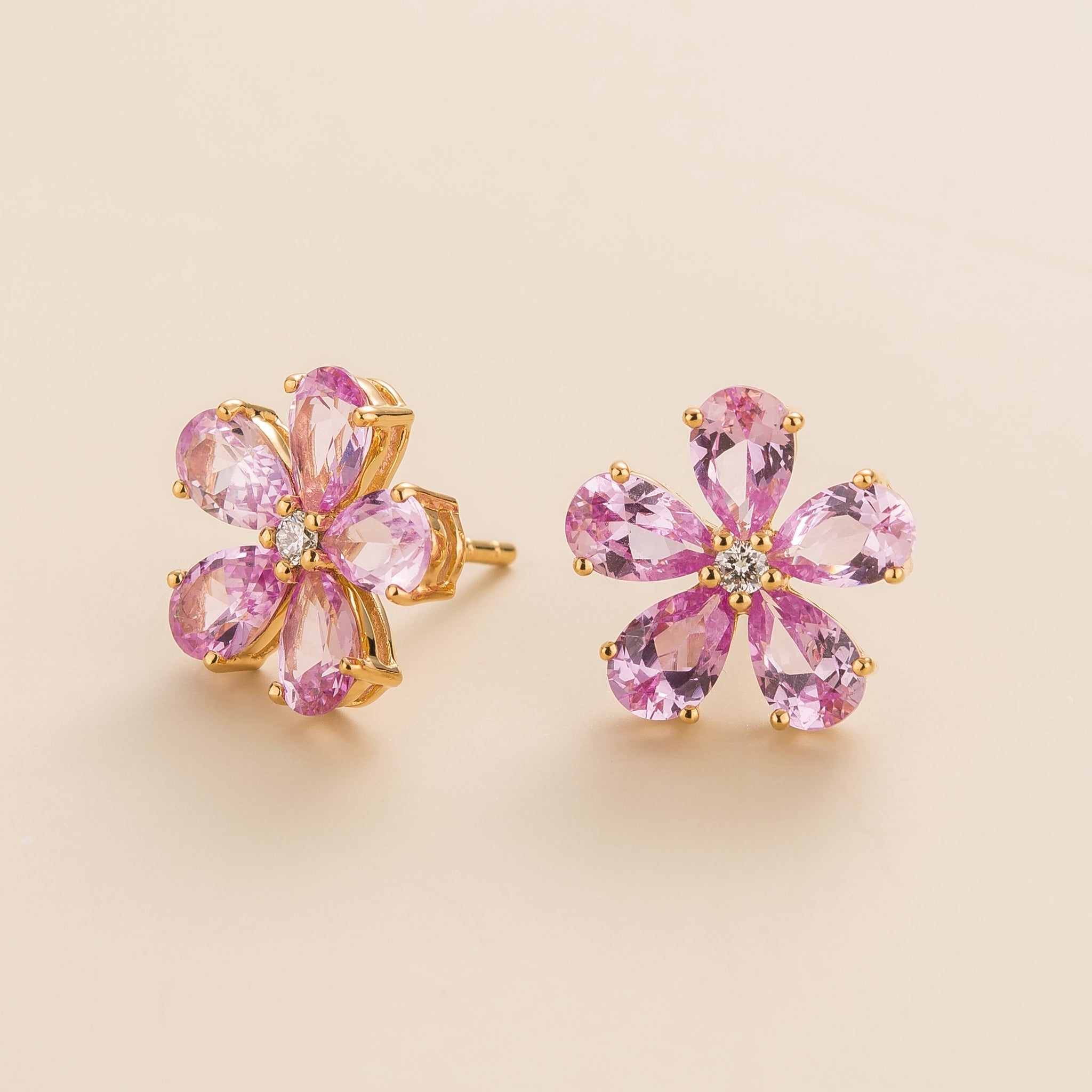 Florea Pastel Pink Sapphire & Diamond Flower Stud Earrings in Gold