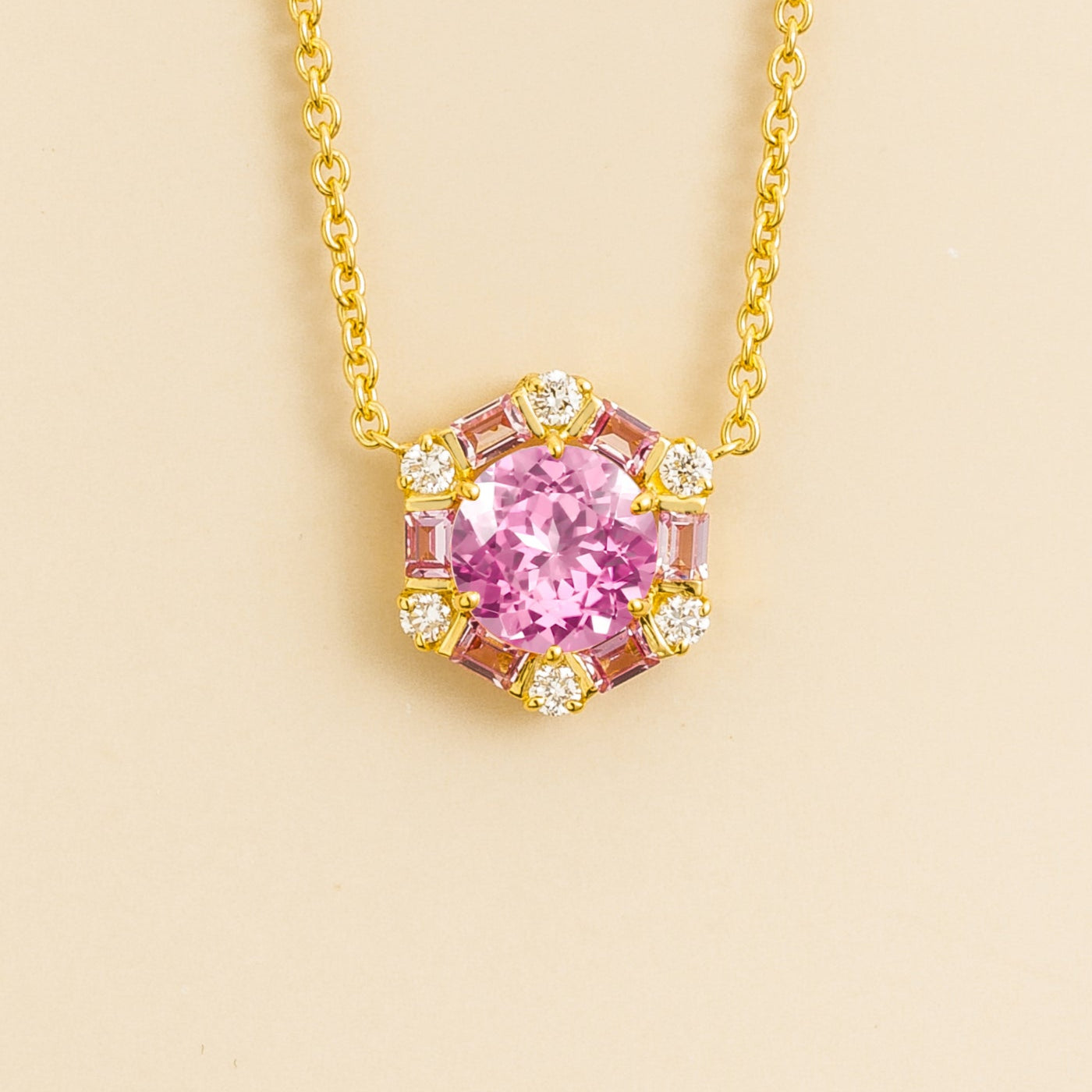 Melba Pink Sapphire & Diamond Halo Pendant Necklace In Gold