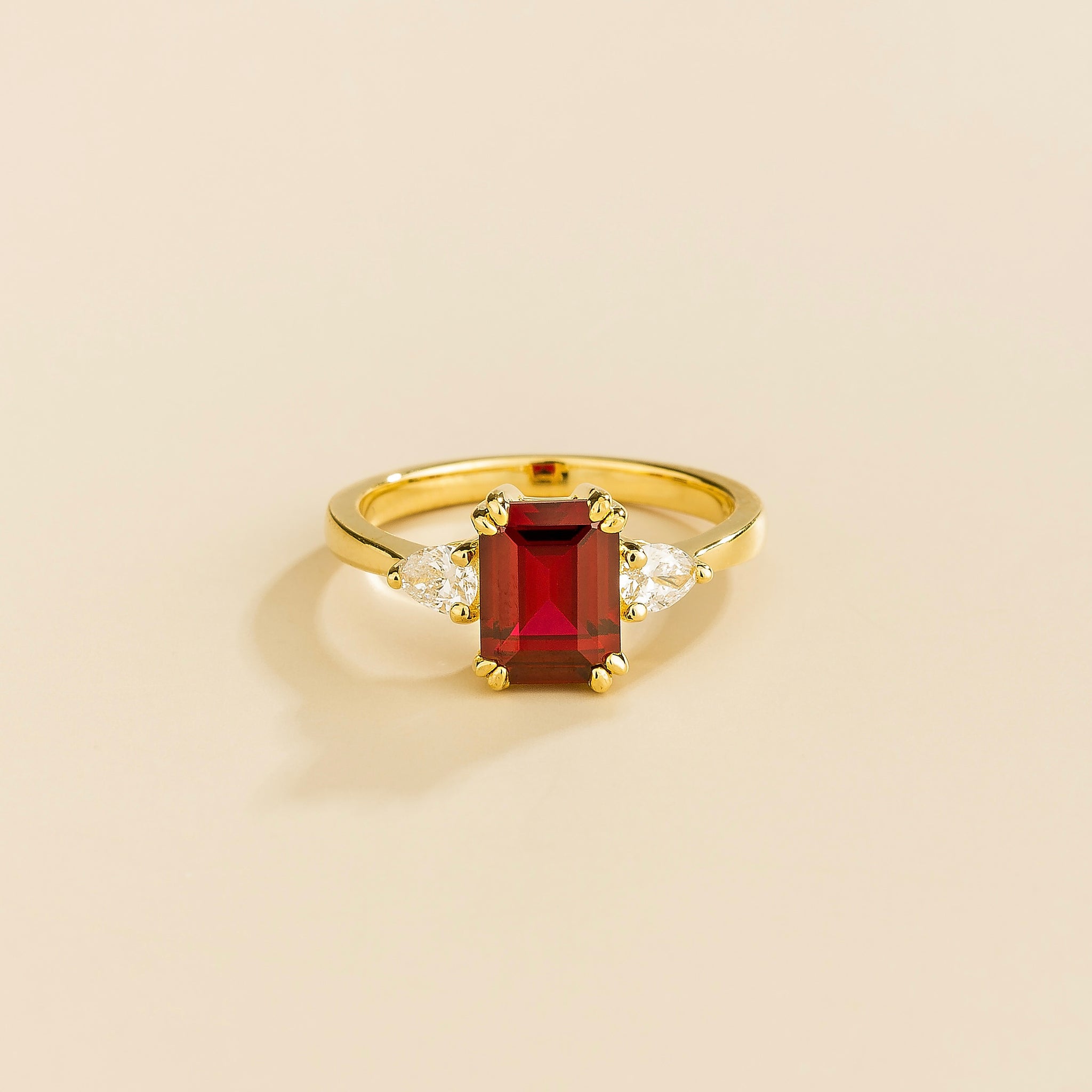 Ailes Ruby Emerald-Cut Ring with Pear Side Diamonds in Gold