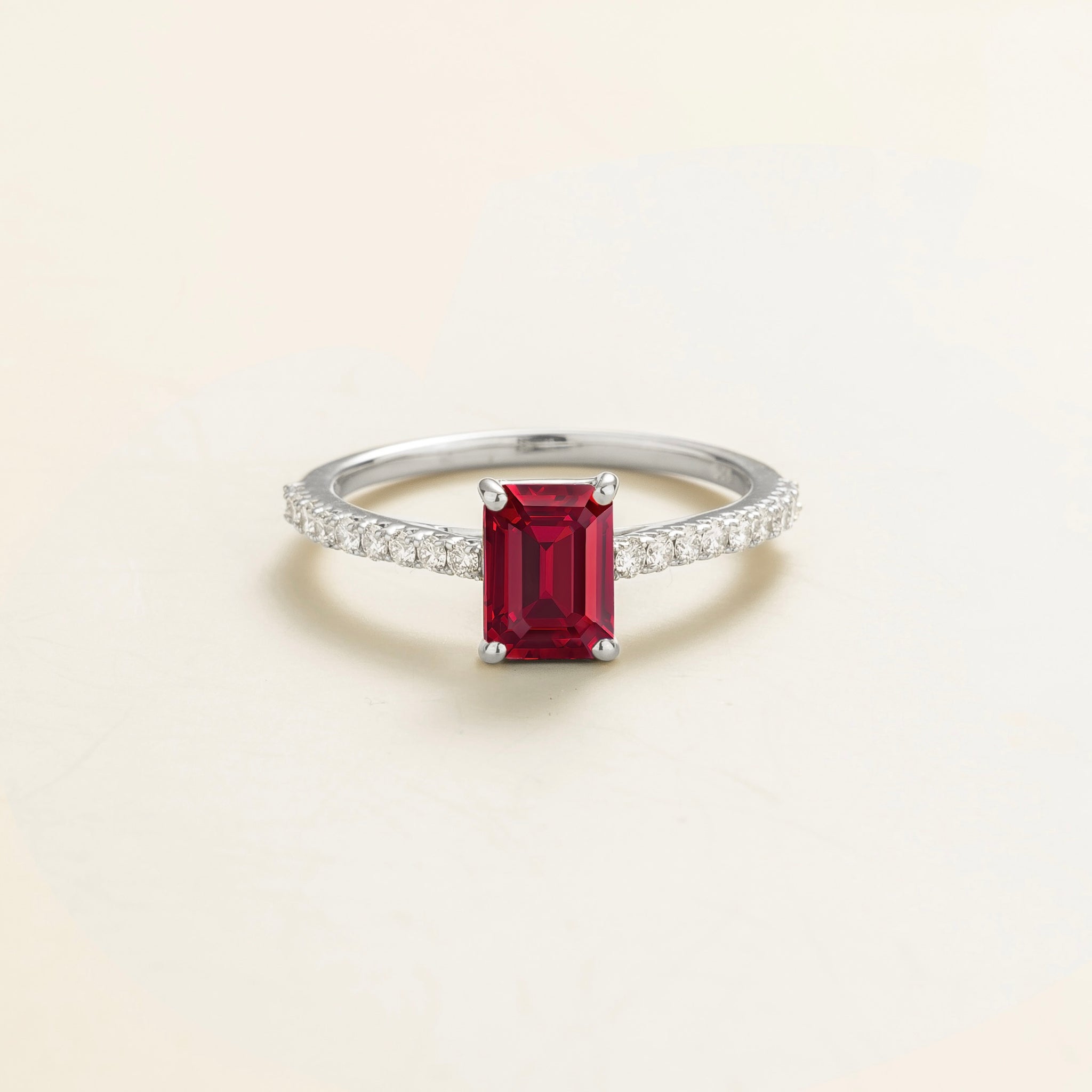 Chelle Ruby Emerald-Cut & Diamond Pavé Ring in White Gold