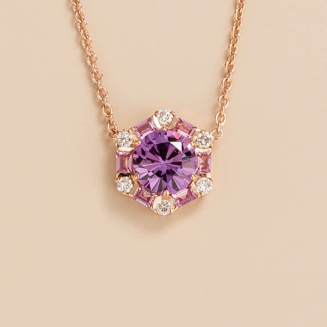 Melba Purple Sapphire, Pink Sapphire & Diamond Halo Pendant Necklace I