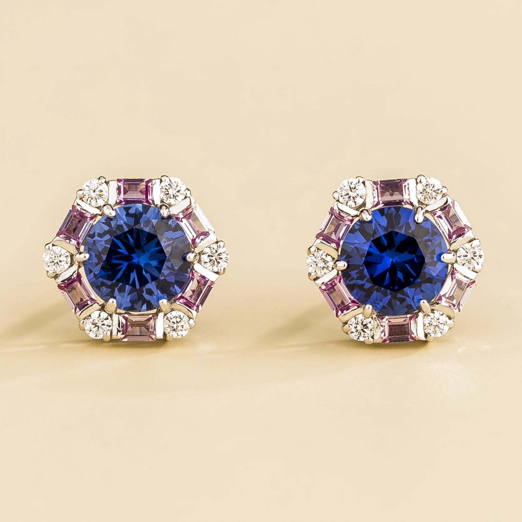 Melba Blue Sapphire, Pink Sapphire & Diamond Halo Hexagon Stud Earring