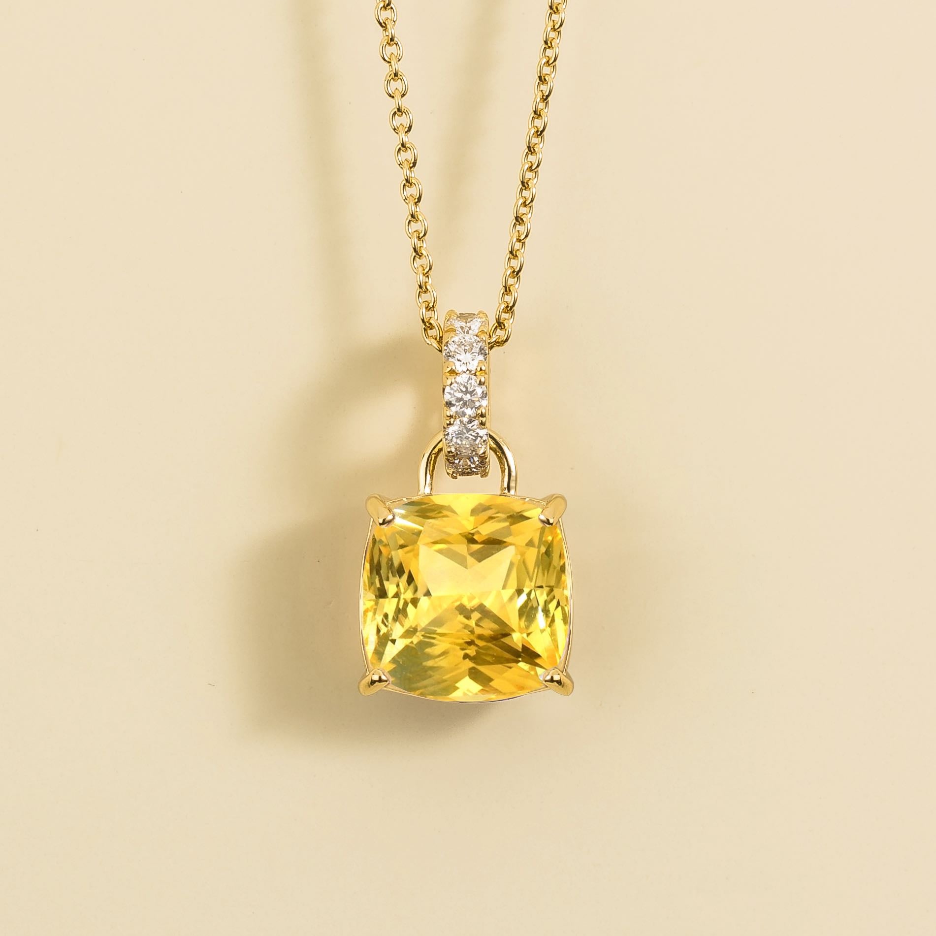 Oreol Yellow Sapphire Cushion Cut & Diamond Hoop Pendant Necklace in G